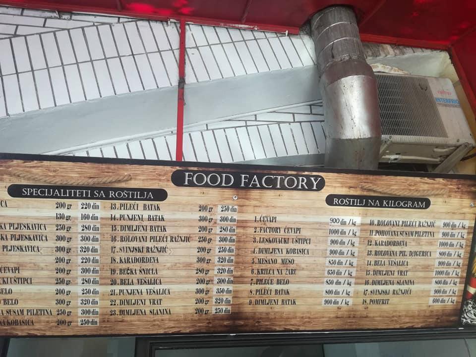 Menu at Food Factory restaurant, Belgrade, Bulevar Zorana Đinđića 44a/7