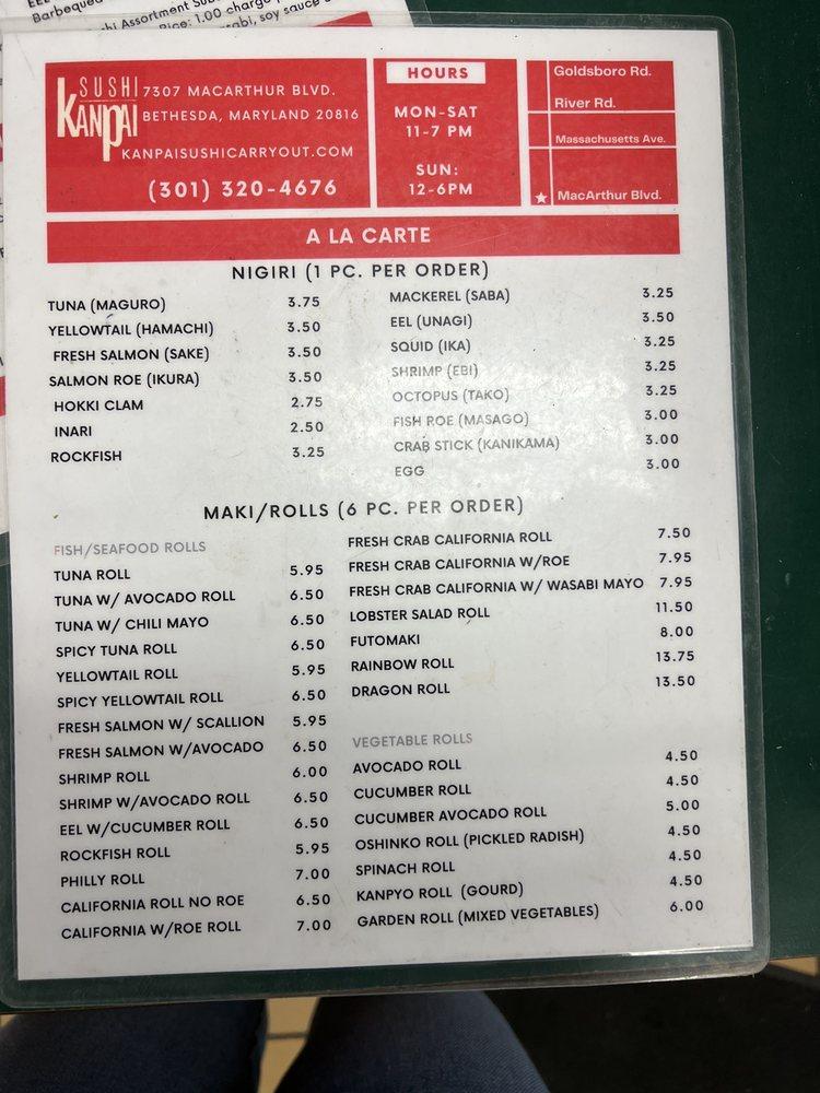 Menu at Kanpai Sushi restaurant, Bethesda