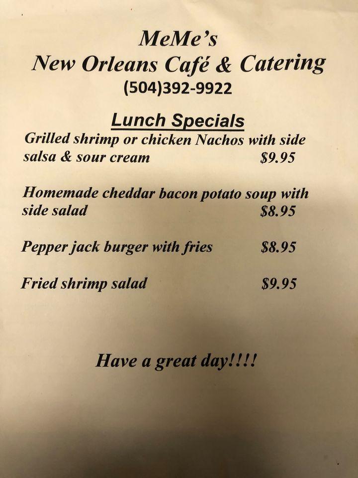 Menu at Meme's New Orleans Cafe, Belle Chasse