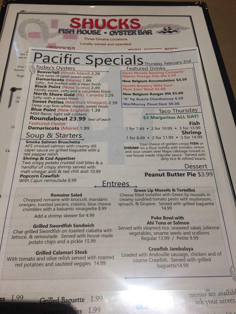 Menu at Shucks Fish House & Oyster Bar, Omaha, S 119th St