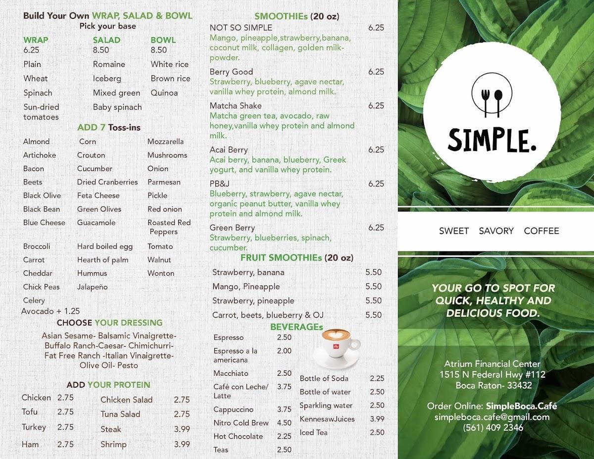 Menu at Simple Cafe, Boca Raton