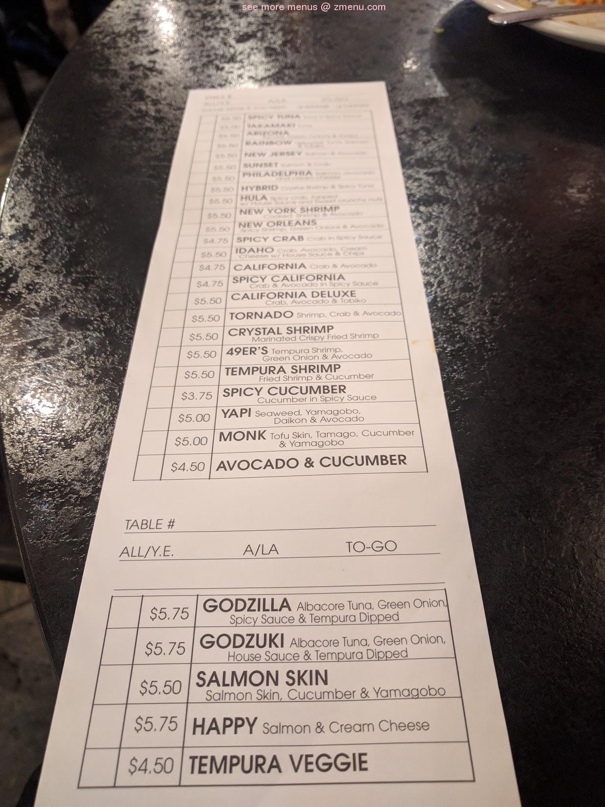 Menu at Sushi Ya restaurant, Twin Falls