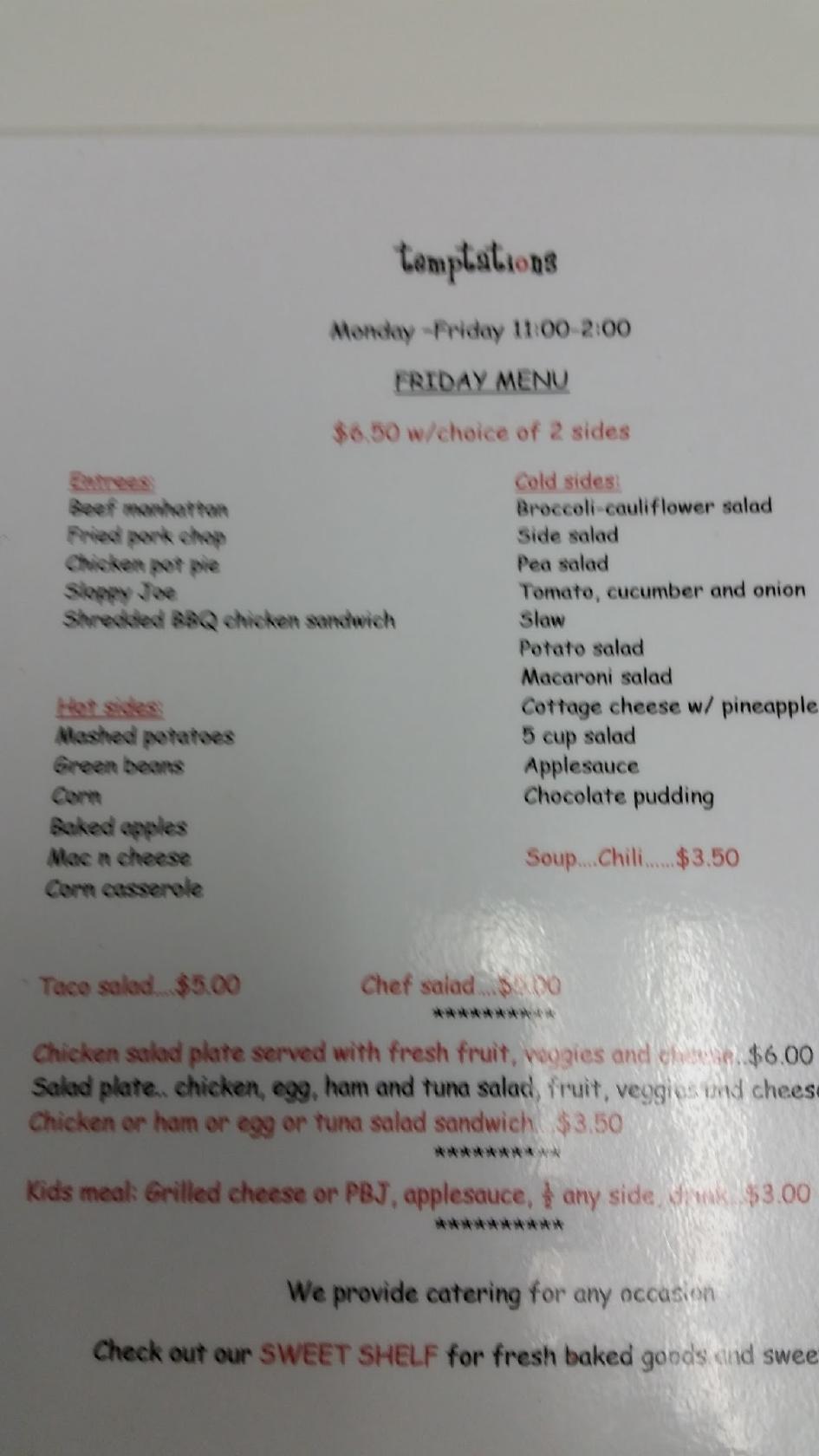 Menu at Temptations restaurant, New Castle, S Memorial Dr