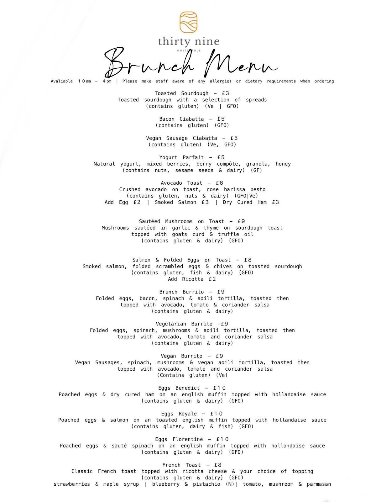 Menu at Thirty Nine Whitstable restaurant, Whitstable