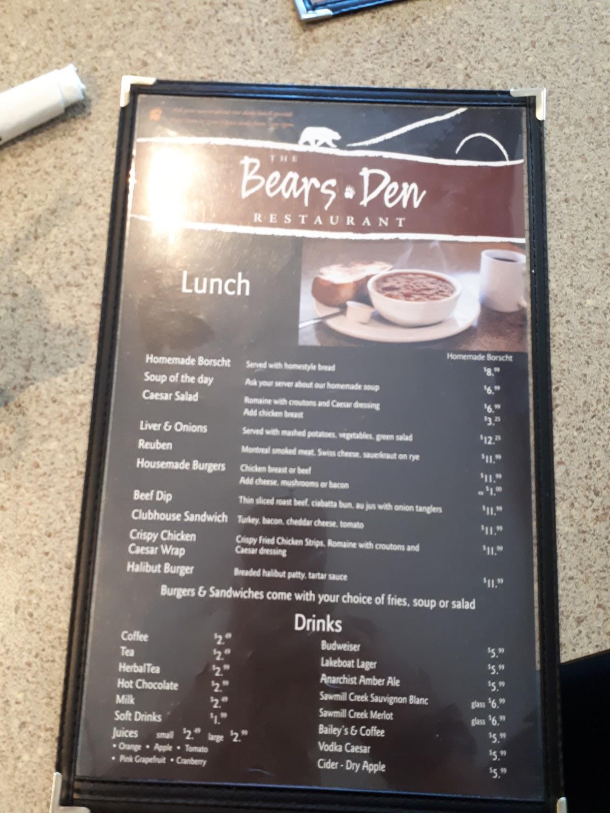 Menu at Bears Den Restaurant, Penticton