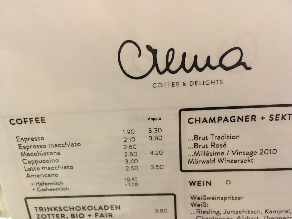 Menu at Café Crema cafe, Innsbruck