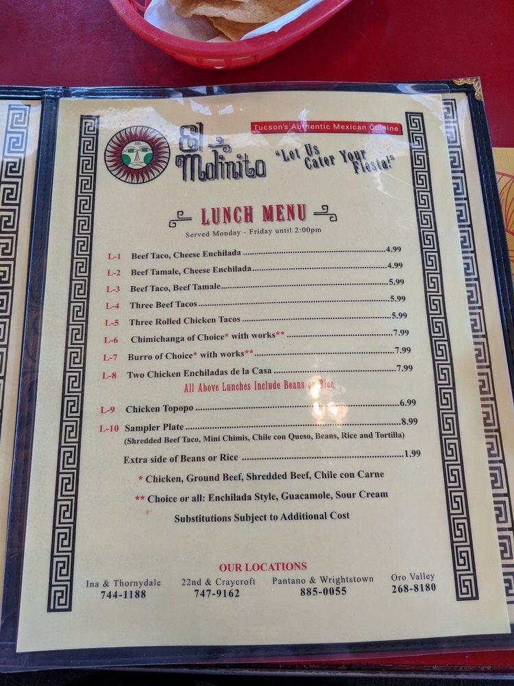 Menu at El Molinito restaurant, Tucson, 3675 W Ina Rd