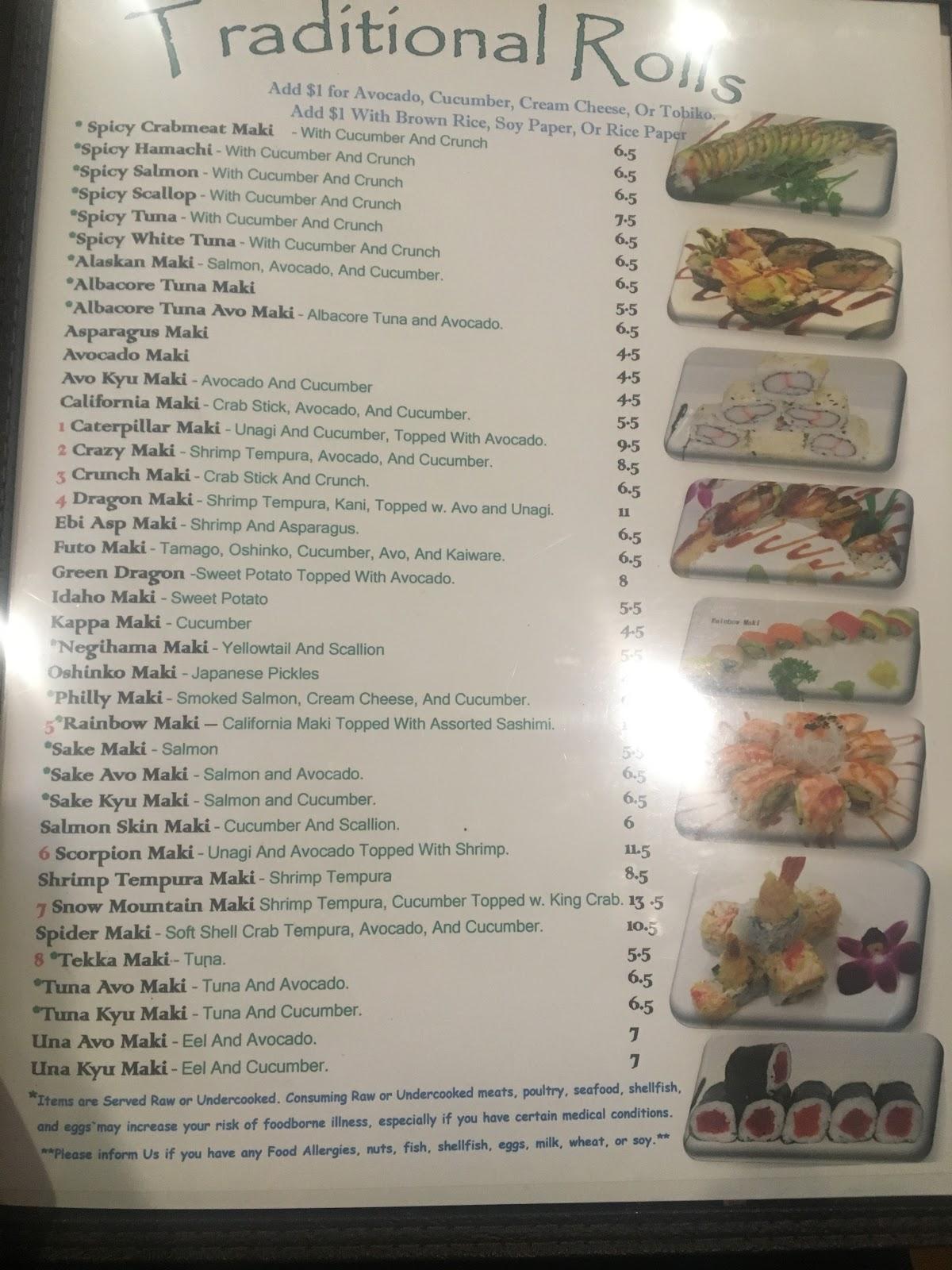 Menu at Irashai Sushi restaurant, Boston