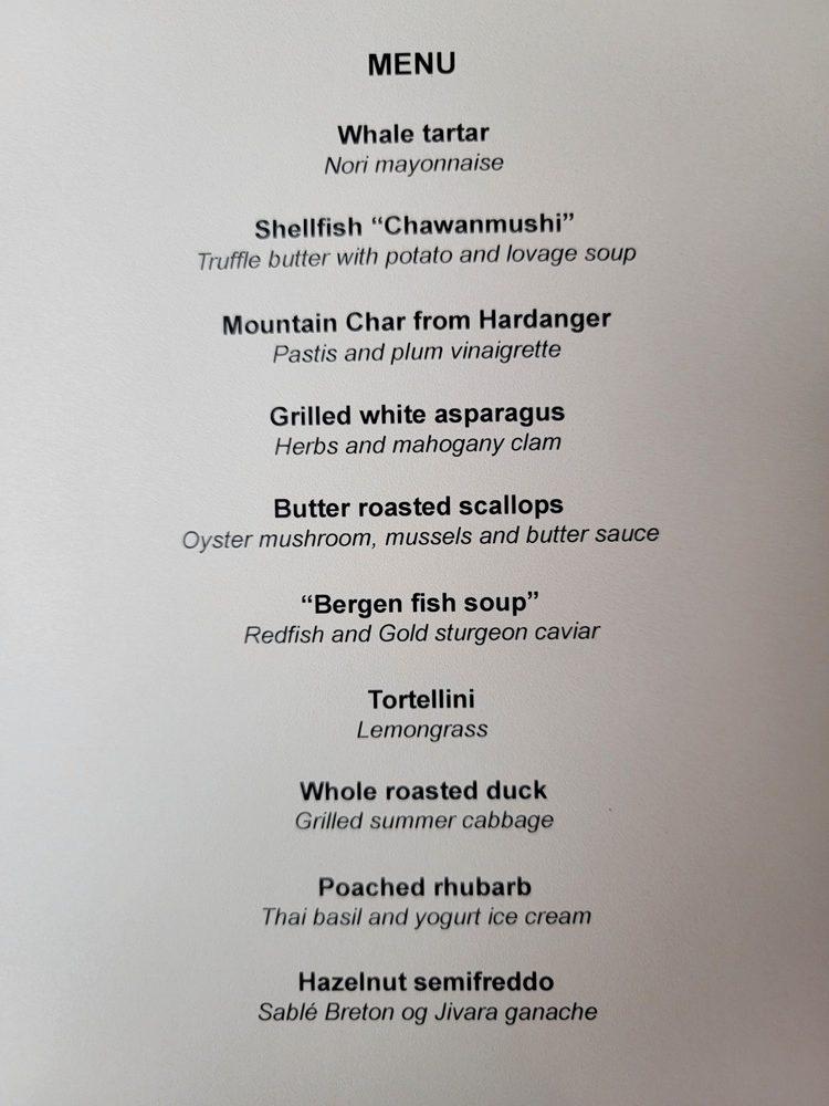 Menu at Lysverket restaurant, Bergen