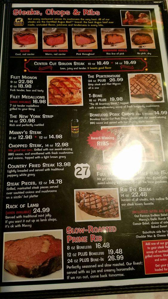 Menu at Manny's Original Chophouse steakhouse, Bay Lake