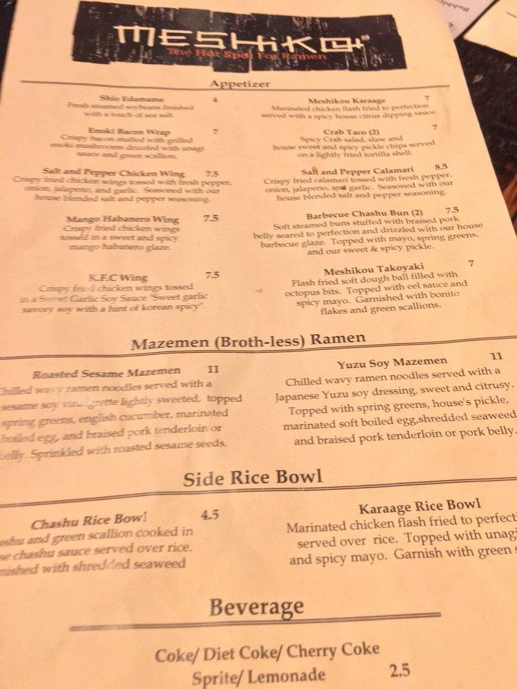 Menu at Meshikou Ramen restaurant, Columbus