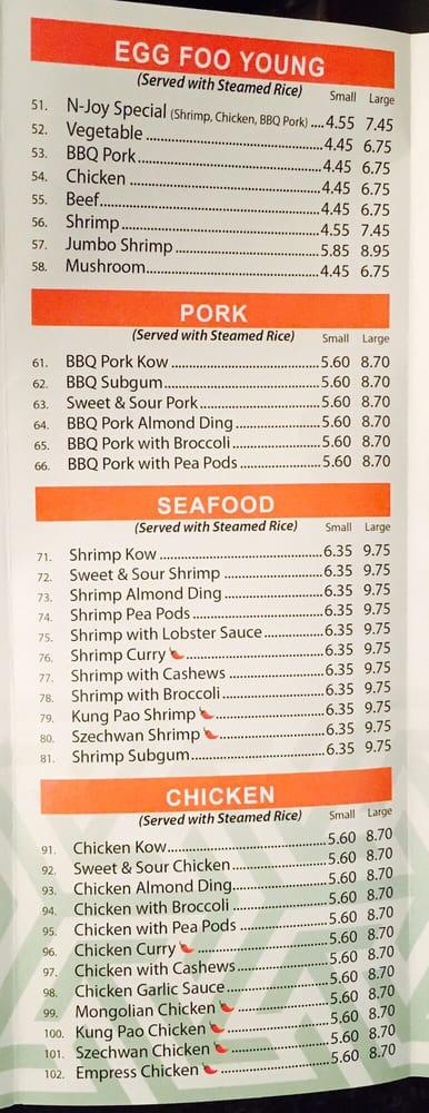 Menu at N-Joy Chop Suey restaurant, Cicero