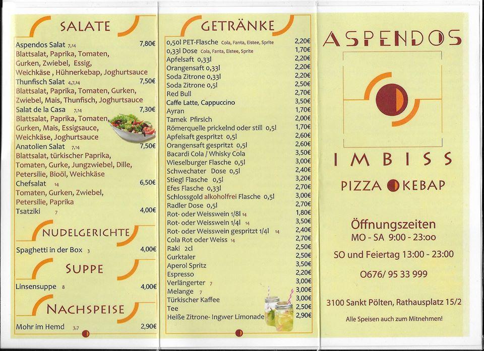 Menu at Pizza & Kebap Aspendos, Saint Pölten