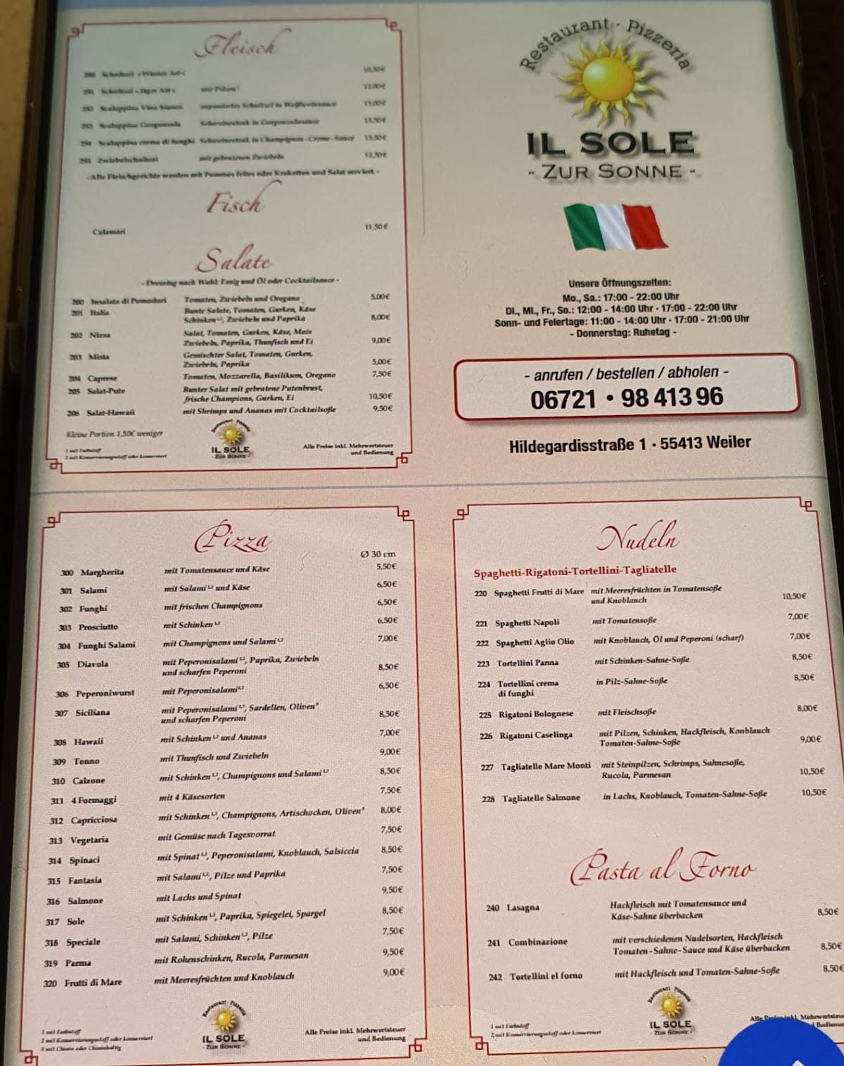 Speisekarte von Pizzeria Zur Sonne il Sole, Weiler bei Bingen