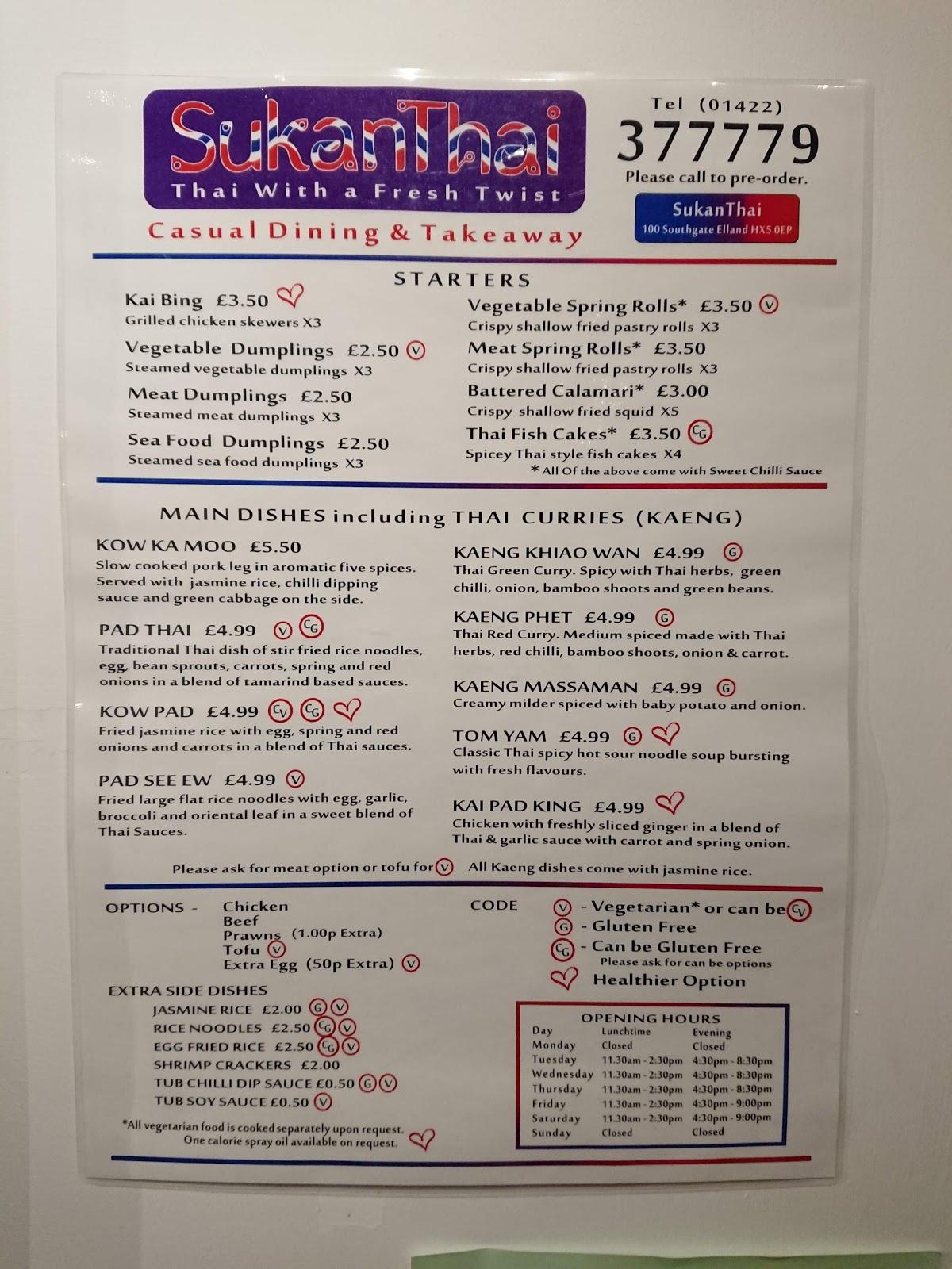 Menu at Sukanthai restaurant, Elland