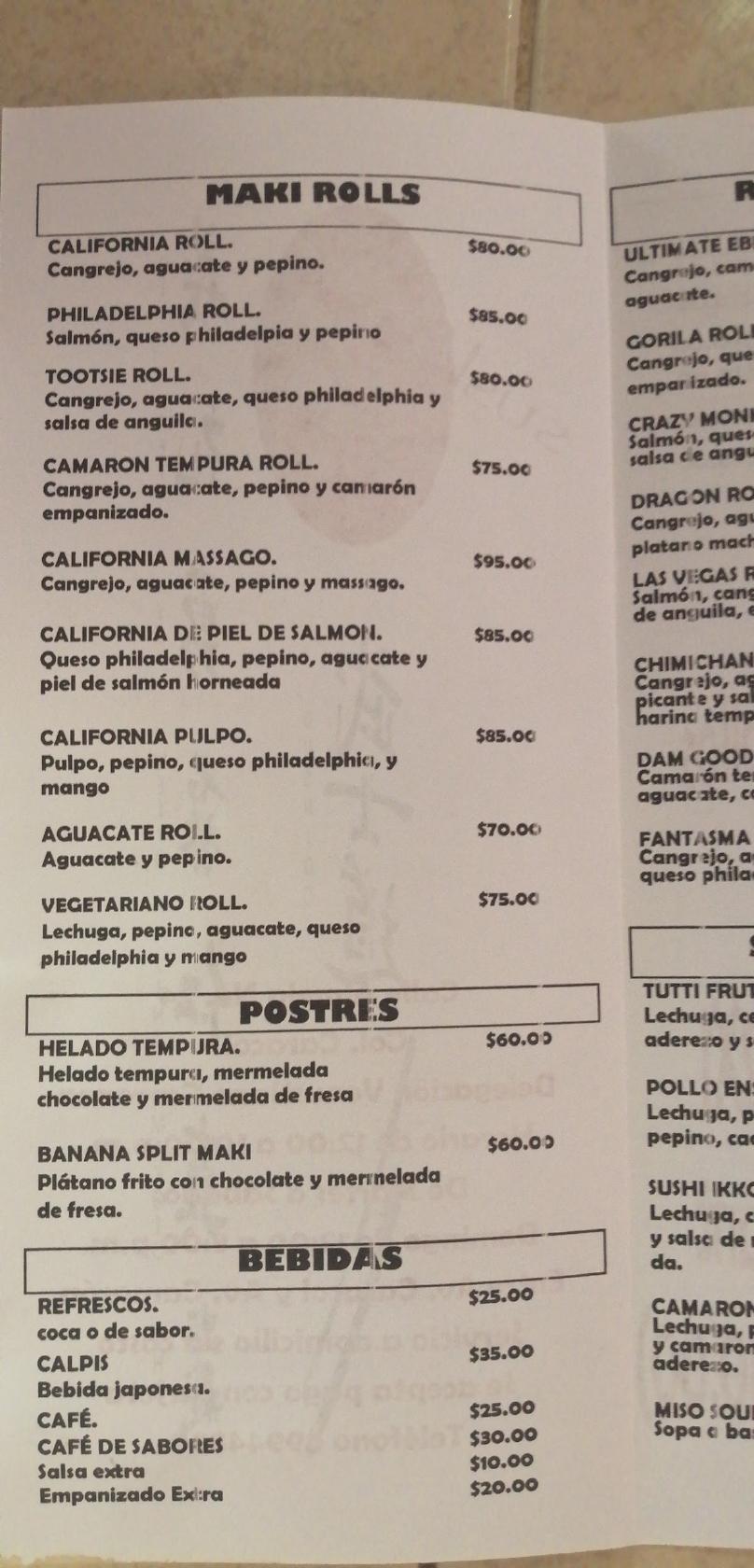 Menu at Sushi Ikko restaurant, Mexico