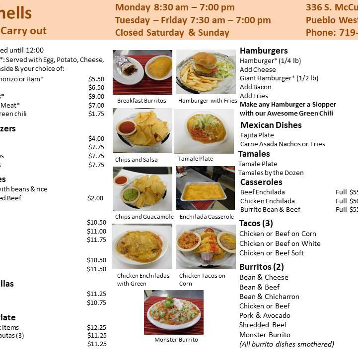 Menu at Taco Shells restaurant, Pueblo West, 336 S McCulloch Blvd