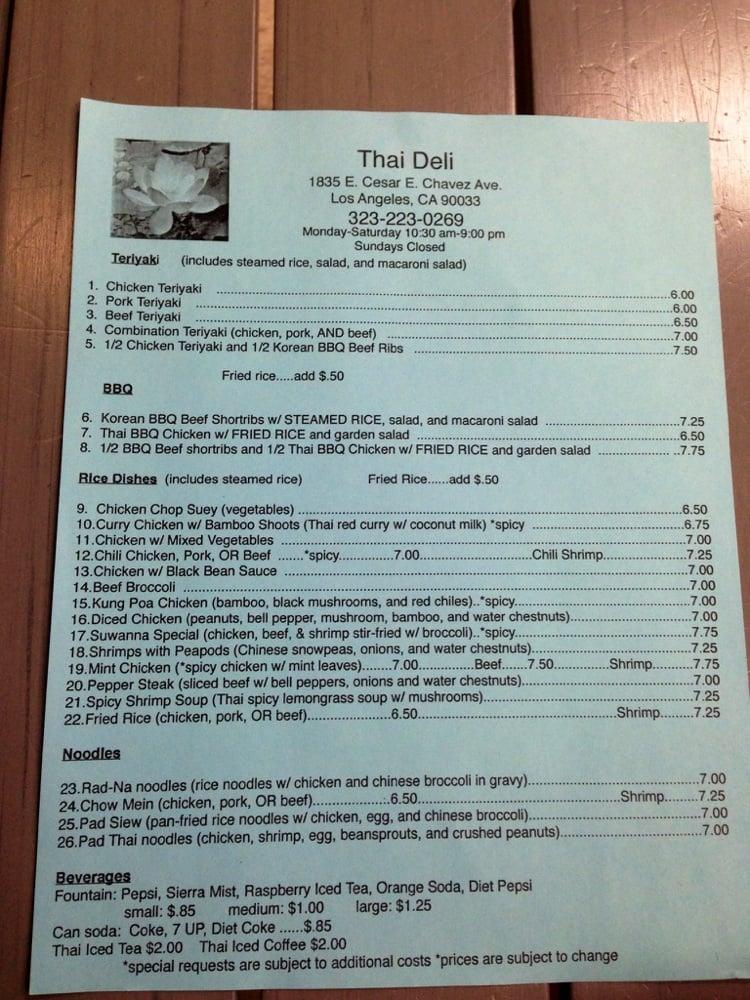 Menu at Thai Deli BBQ, Los Angeles
