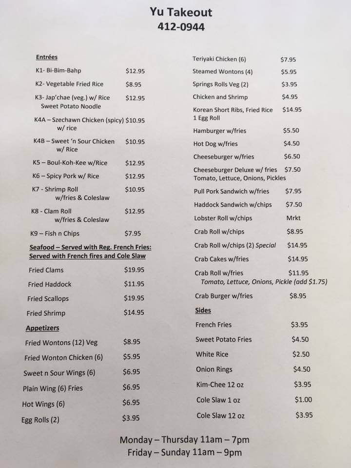 Menu at YU Take Out fast food, Hancock, 674 US-1