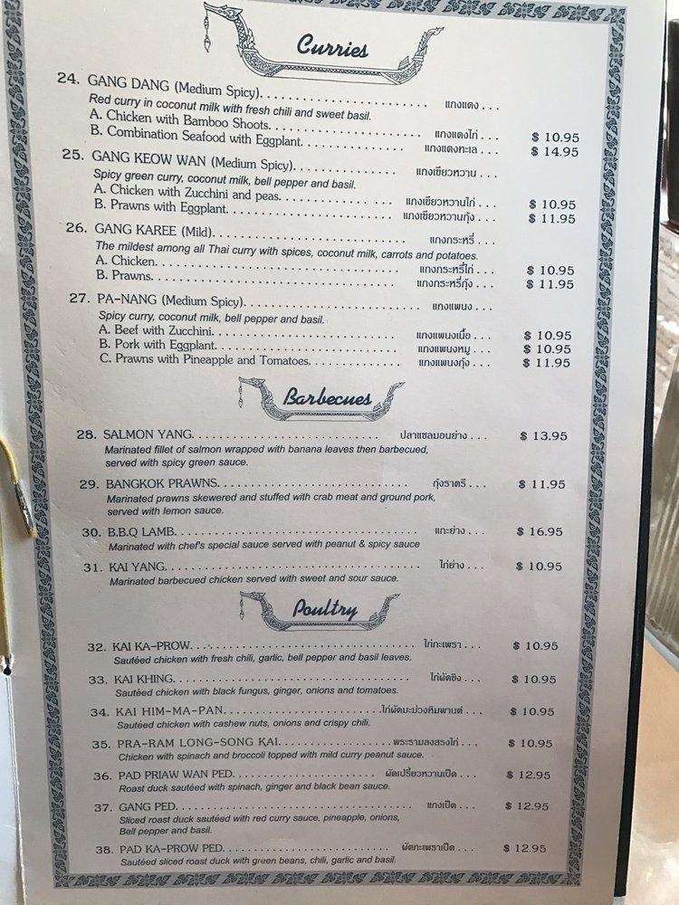 Menu at Chao Praya restaurant, Novato