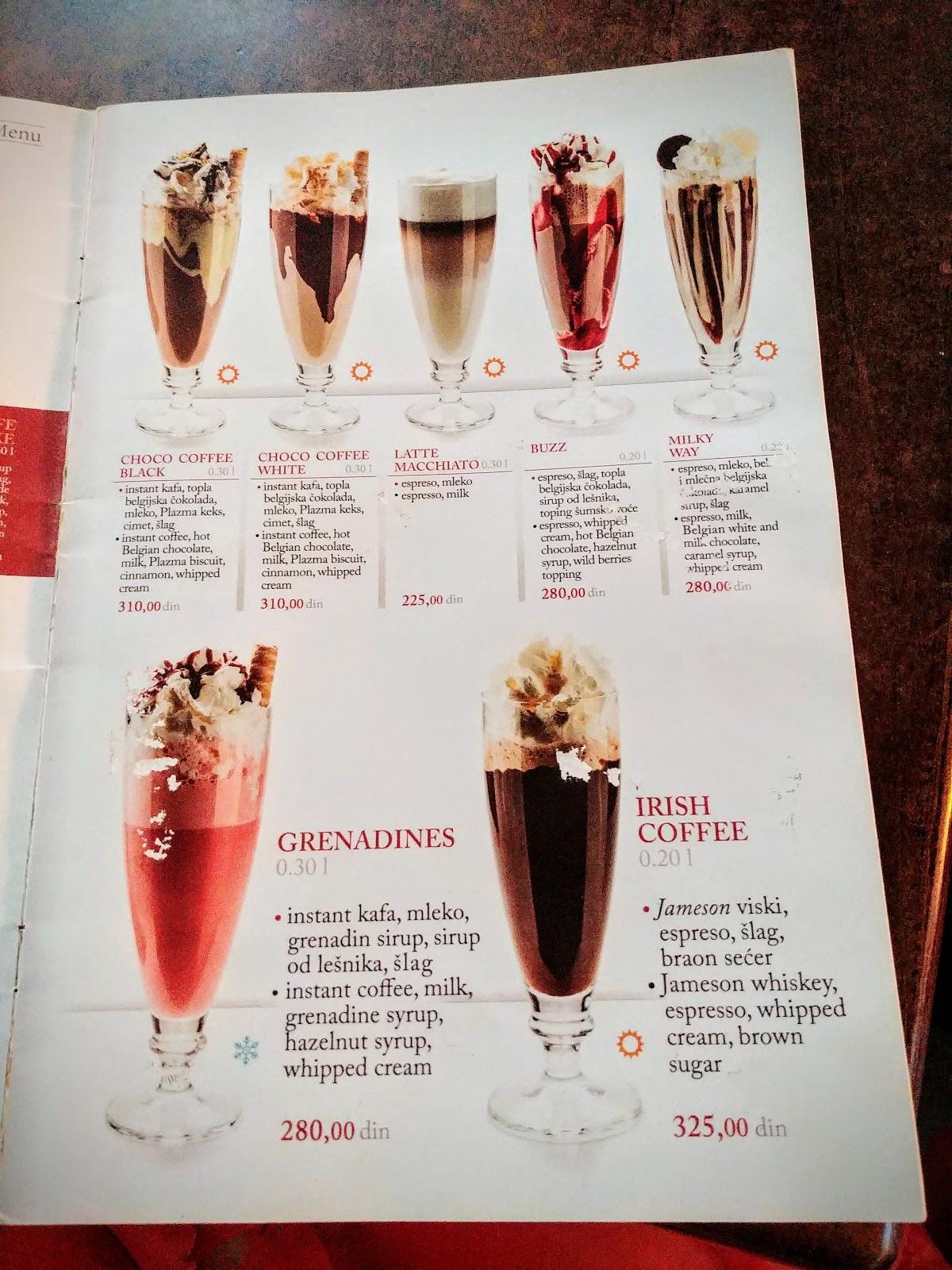 Menu at Choco Caffe cafe, Belgrade, Obilićev venac 30