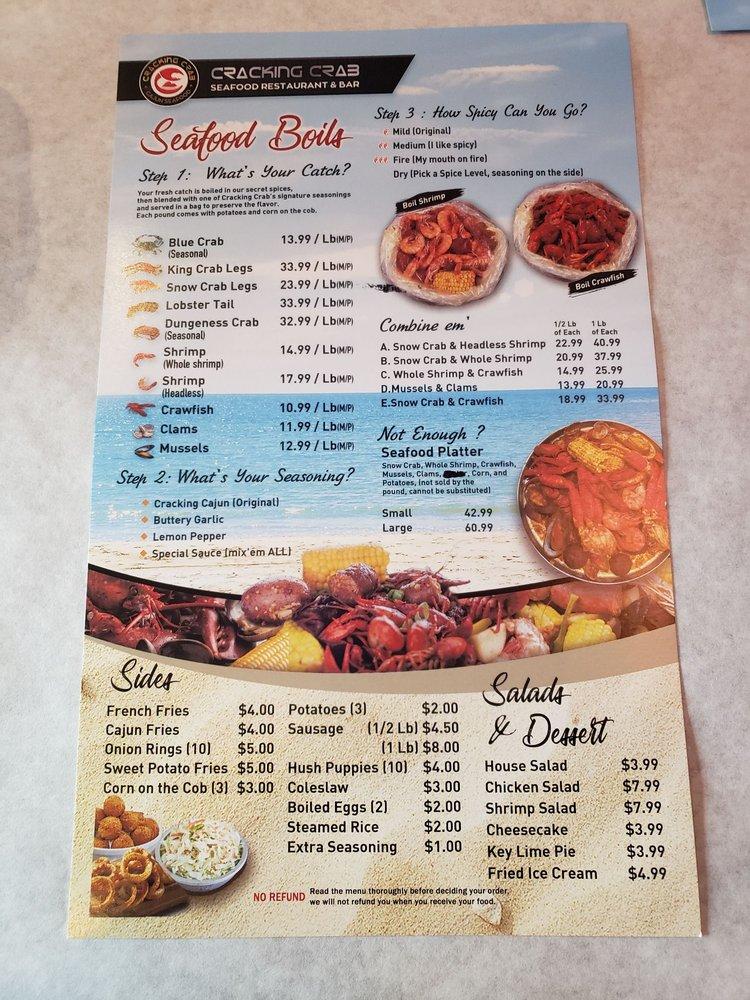 Menu at Cracking Crab restaurant, Pensacola