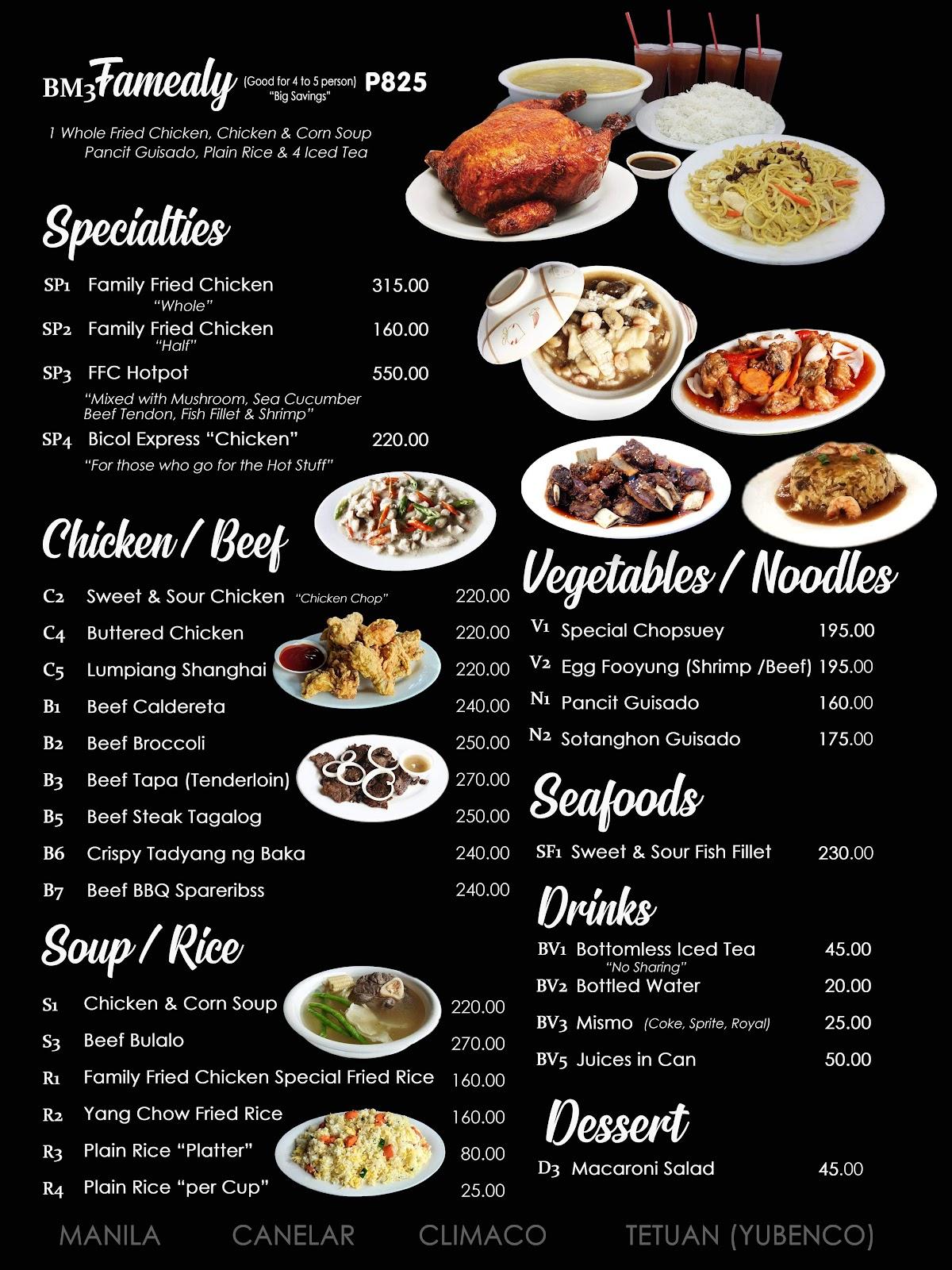 Menu at Family Fried Chicken Restaurant, Zamboanga, Mayor Jaldon Street