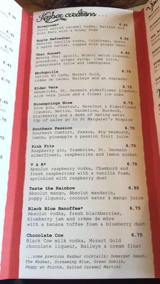 Menu at Kazbar, Yeovil