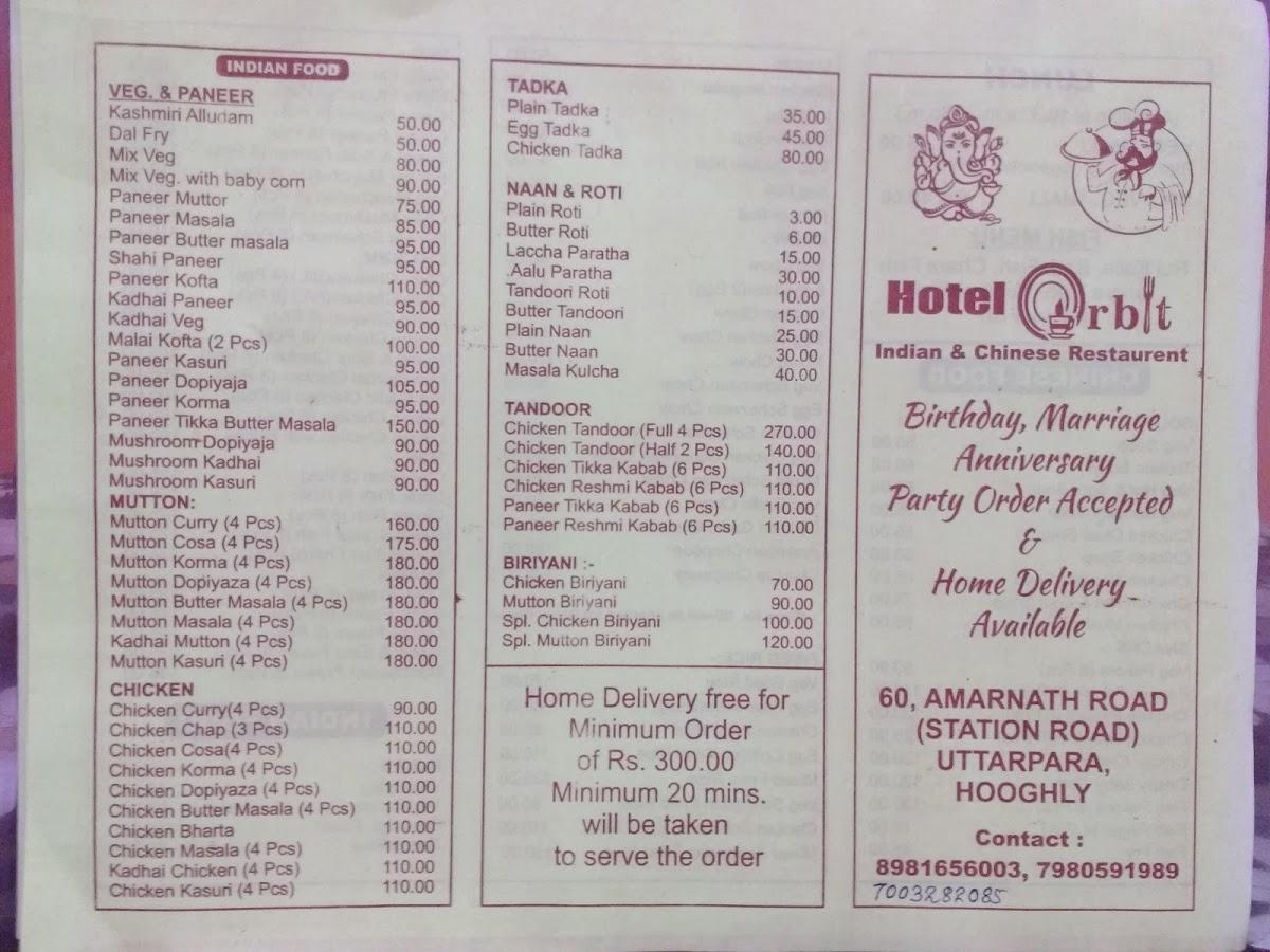 Menu at Hotel Orbit, Uttarpara Kotrung