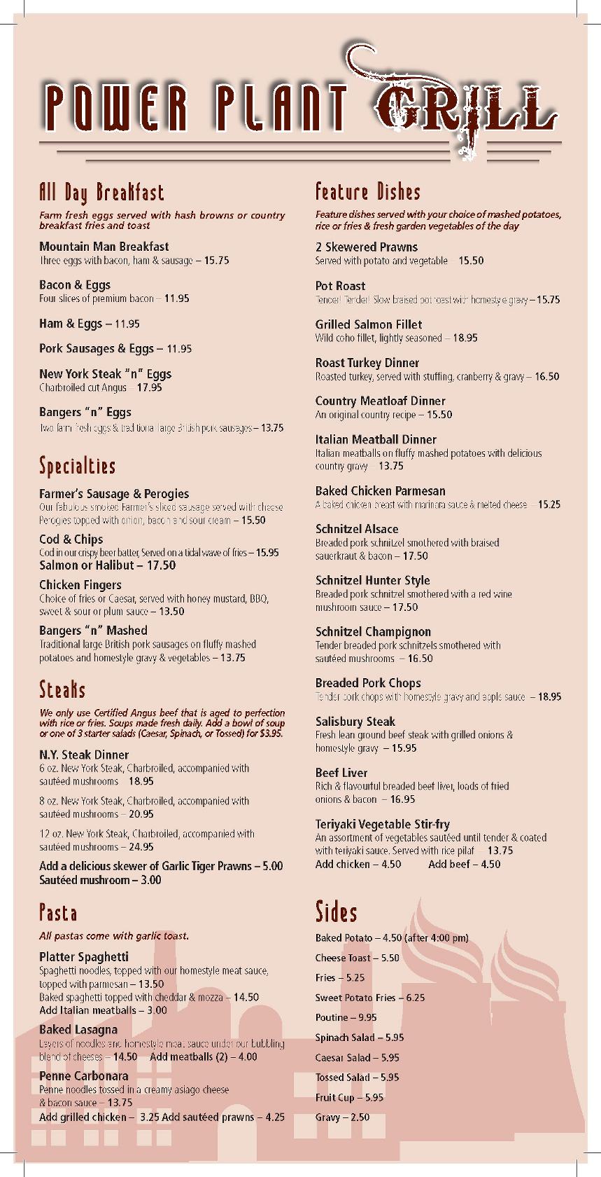 Menu at Power Plant Grill restaurant, Stony Plain