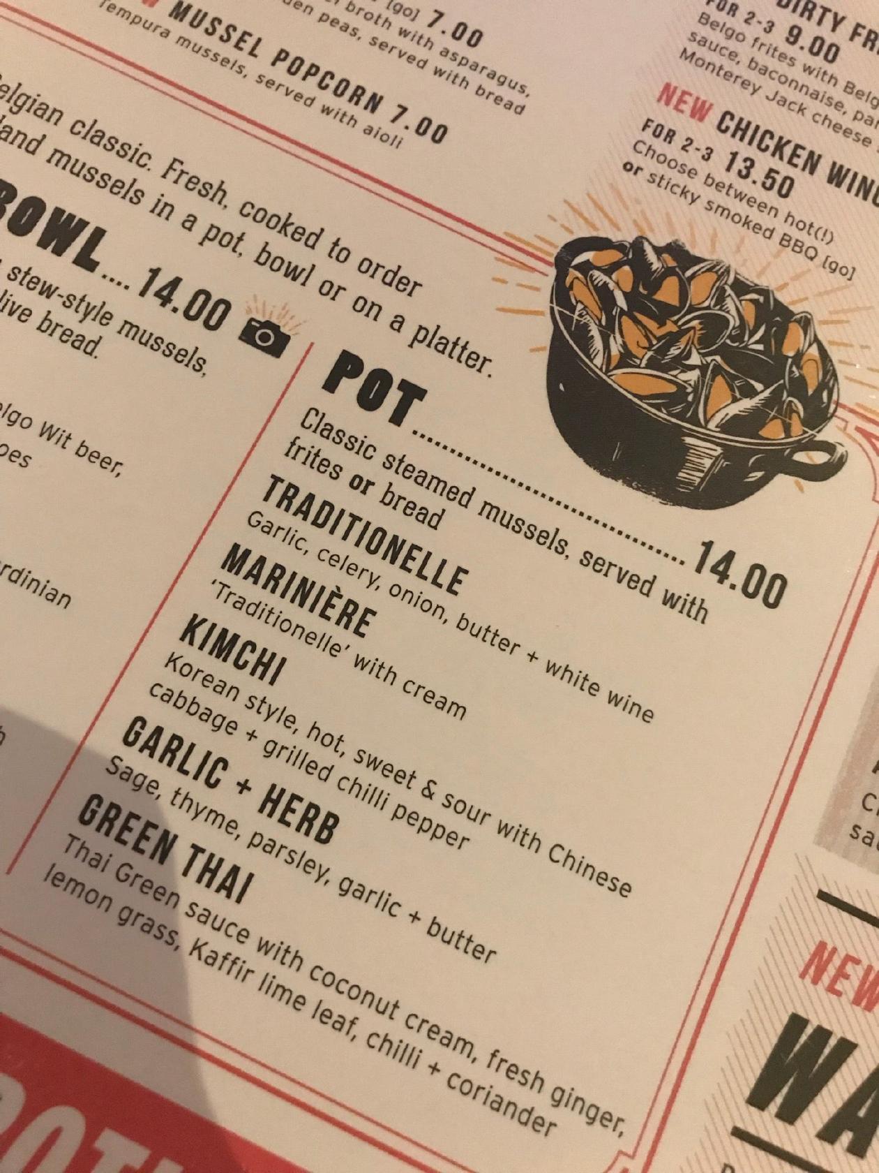 Menu at Belgo restaurant, London, 29-31 Old Compton Street