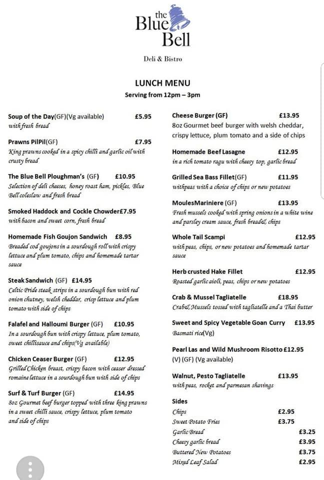 Menu at The Blue Bell Bistro pub & bar, New Quay