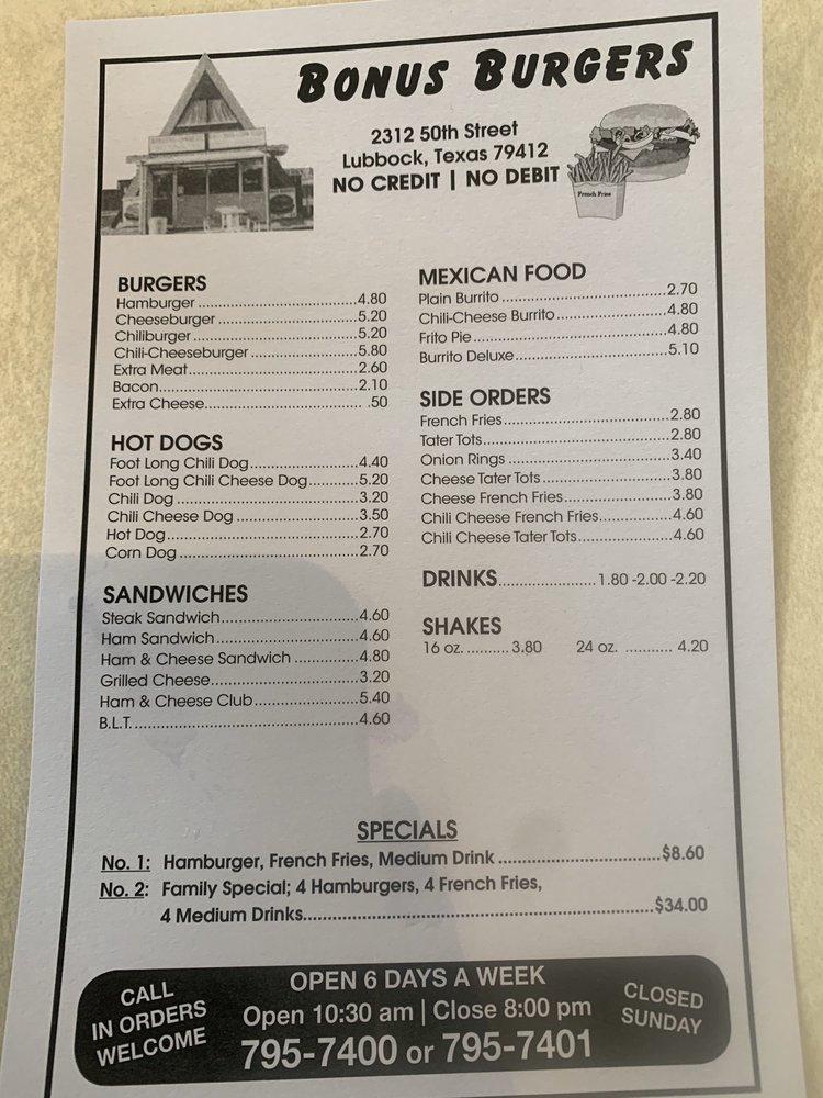 Menu at Bonus Burger restaurant, Lubbock