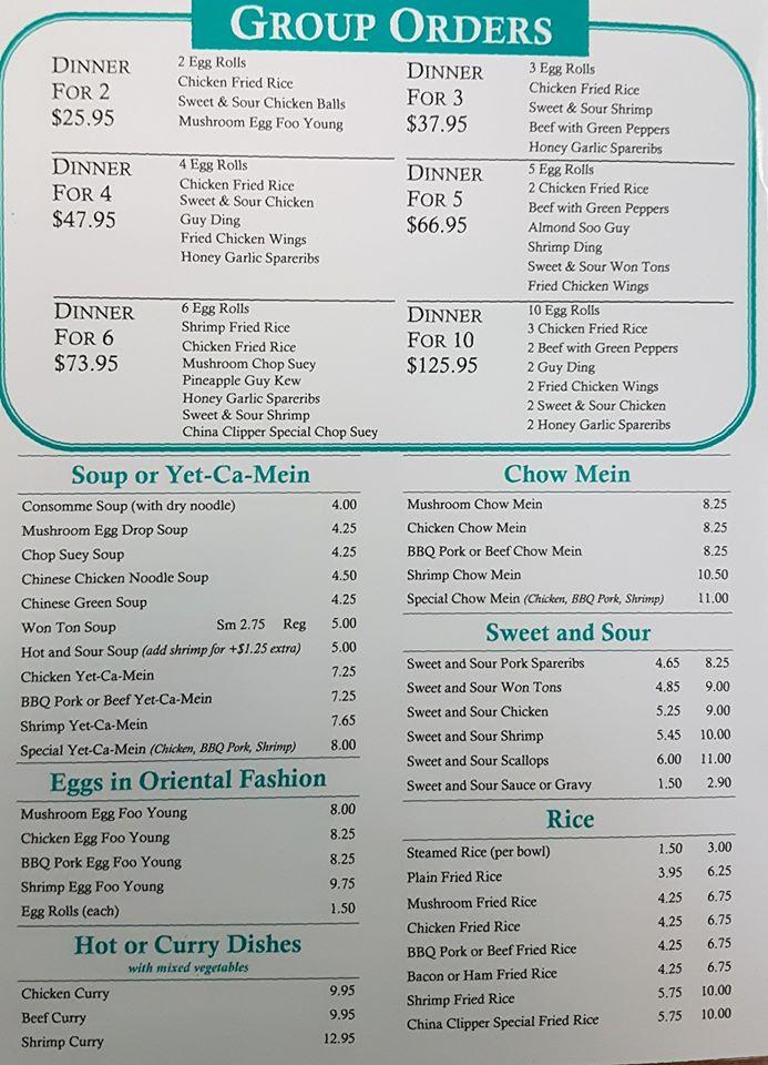 Menu au China Clipper Restaurant, Kapuskasing