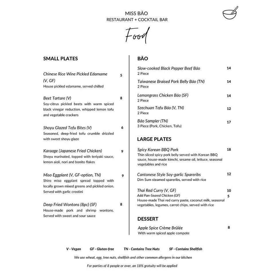 Menu at Miss Bāo Restaurant + Cocktail Bar, Kingston