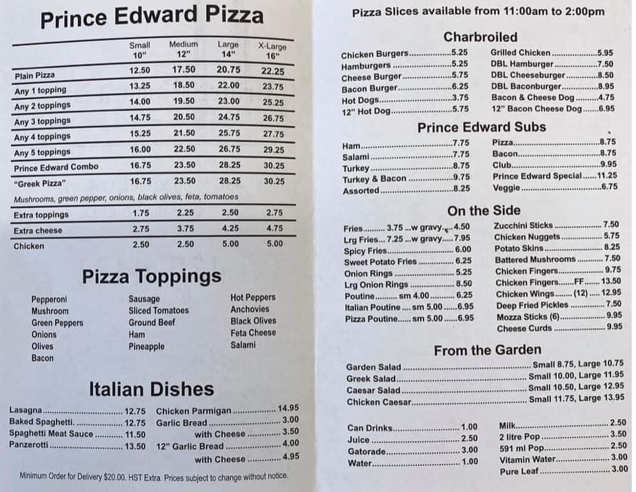 Menu at Prince Edward pizza pizzeria, Prince Edward