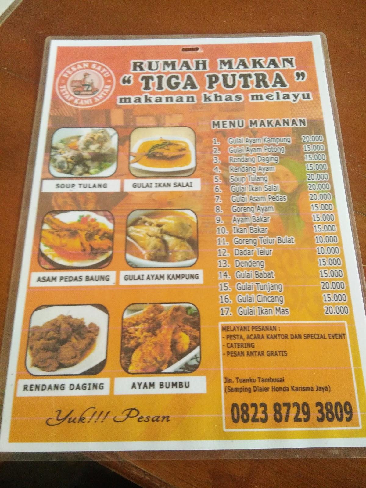 Menu at RM Tiga Putra restaurant, Pasirpengarayan