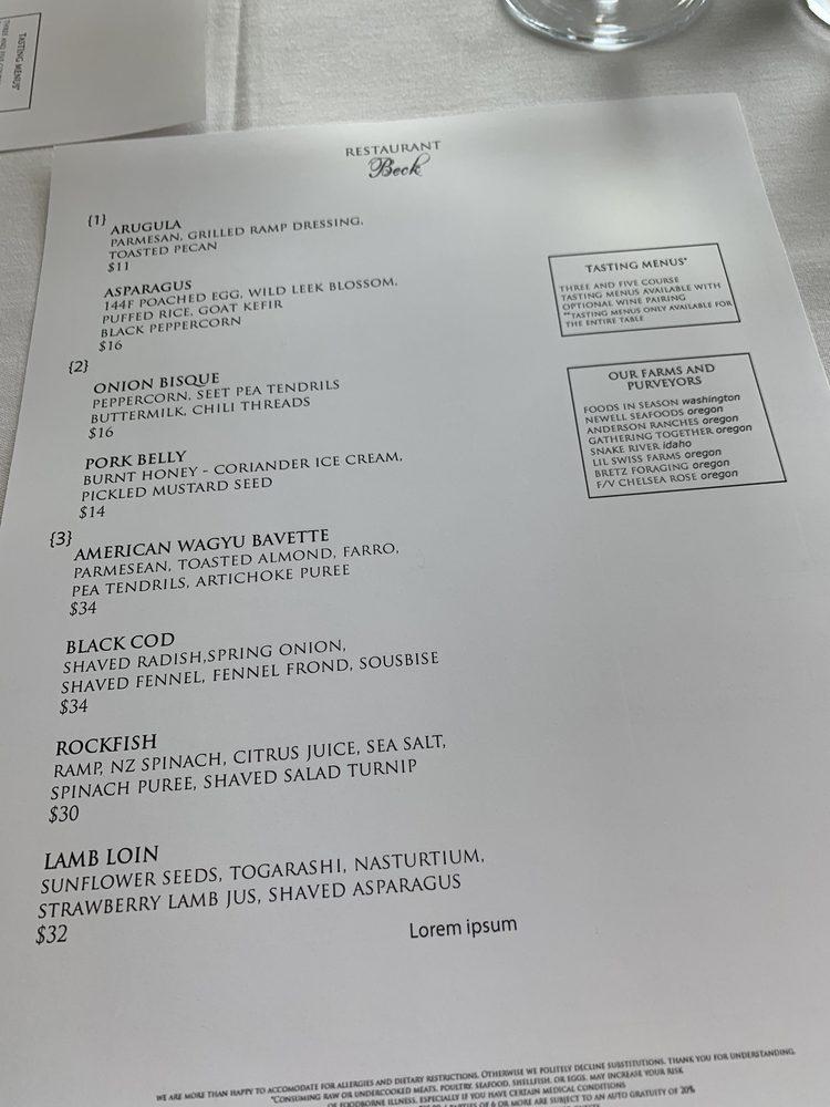 Menu at Restaurant Beck, Depoe Bay, US-101