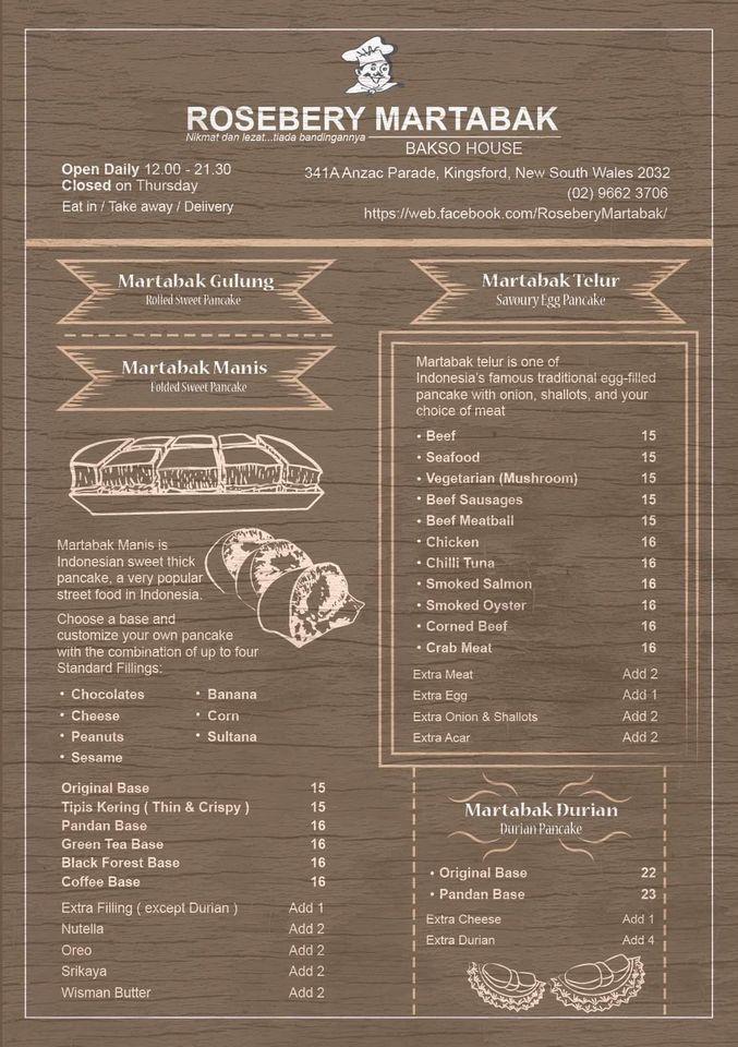 Menu at Rosebery Martabak restaurant, Kingsford