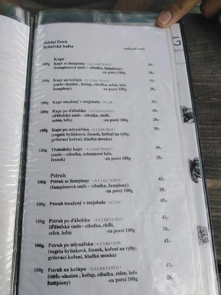Menu at Rybářská bašta restaurant, Malá Morava