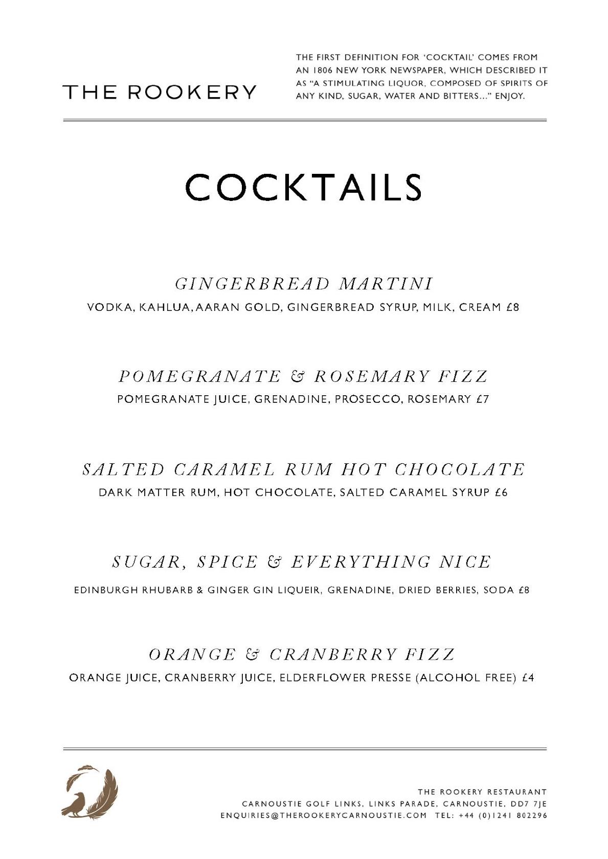 Menu at The Rookery restaurant, Carnoustie