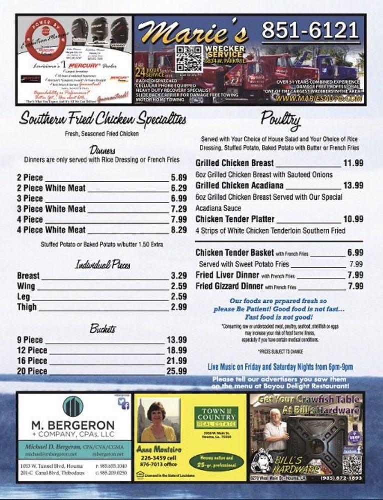 Menu at Bayou Delight Restaurant, USA