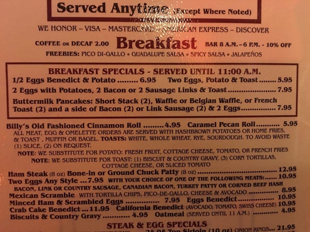 Menu at Billy Reed's Palm Springs restaurant, Palm Springs