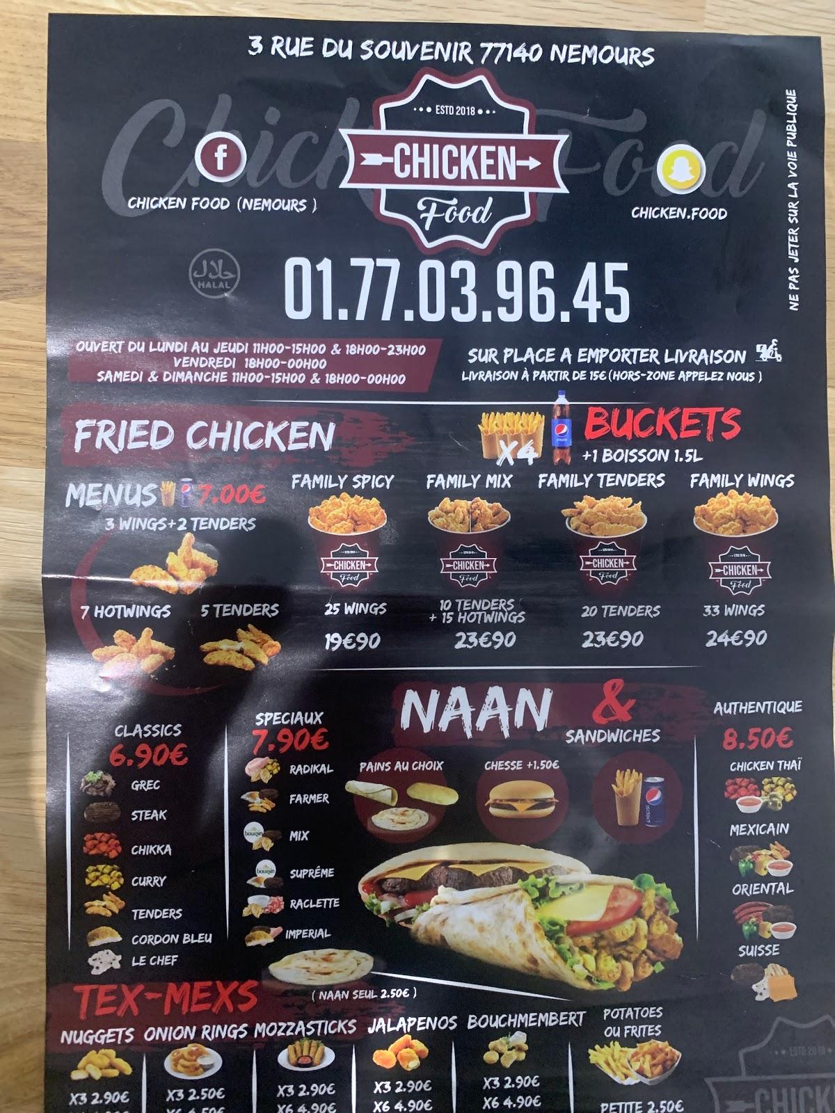 Menu au Chicken Food restaurant, Nemours