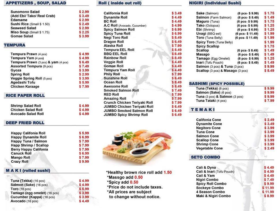 Menu at Seto Sushi restaurant, Nanaimo