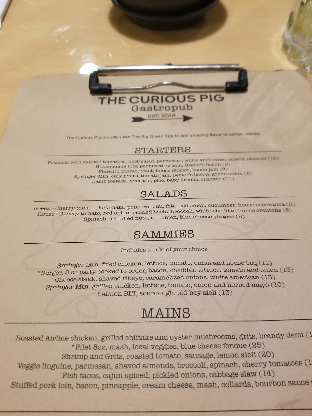 Carta del pub y bar The Curious Pig, Peachtree City