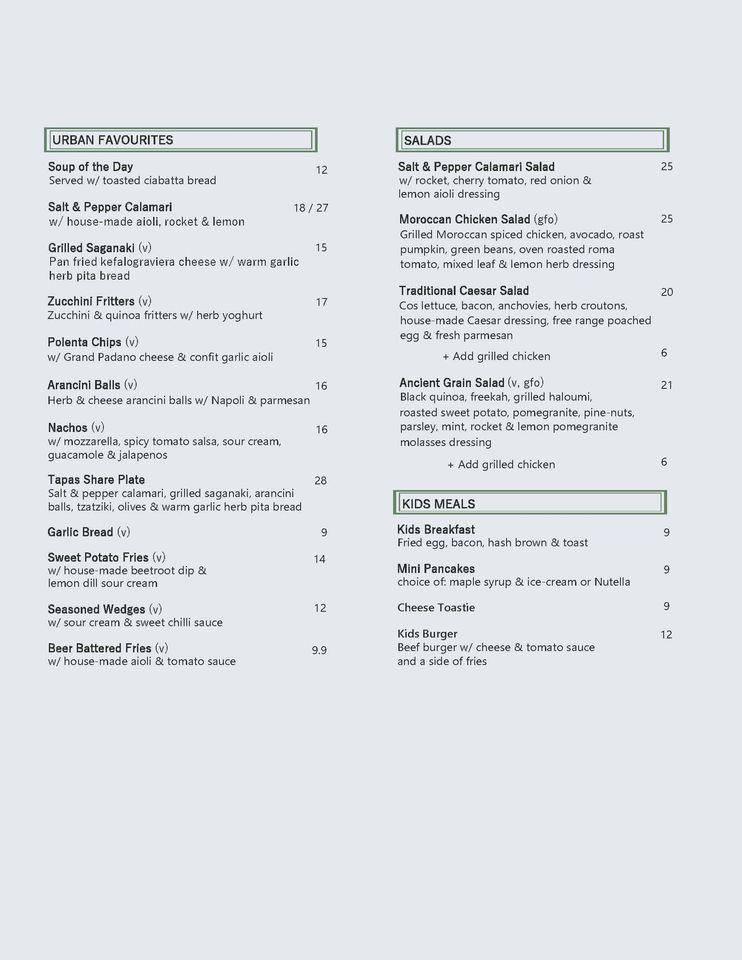 Menu at Urban Grooves restaurant, Greensborough, 99 Grimshaw St