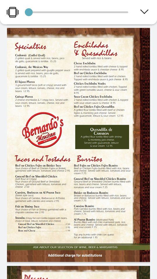 Menu at Bernardo's Fresh Mexican Grill restaurant, Fort Worth