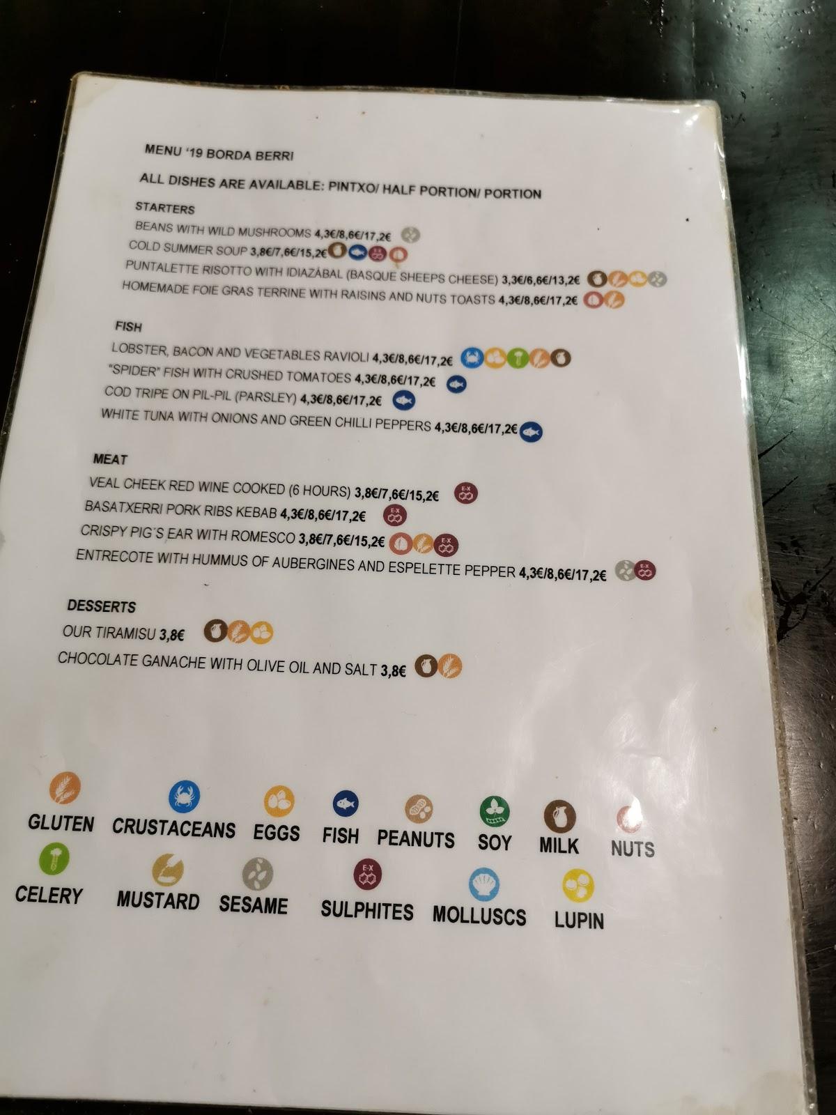 Carta del pub y bar Borda Berri, San Sebastián
