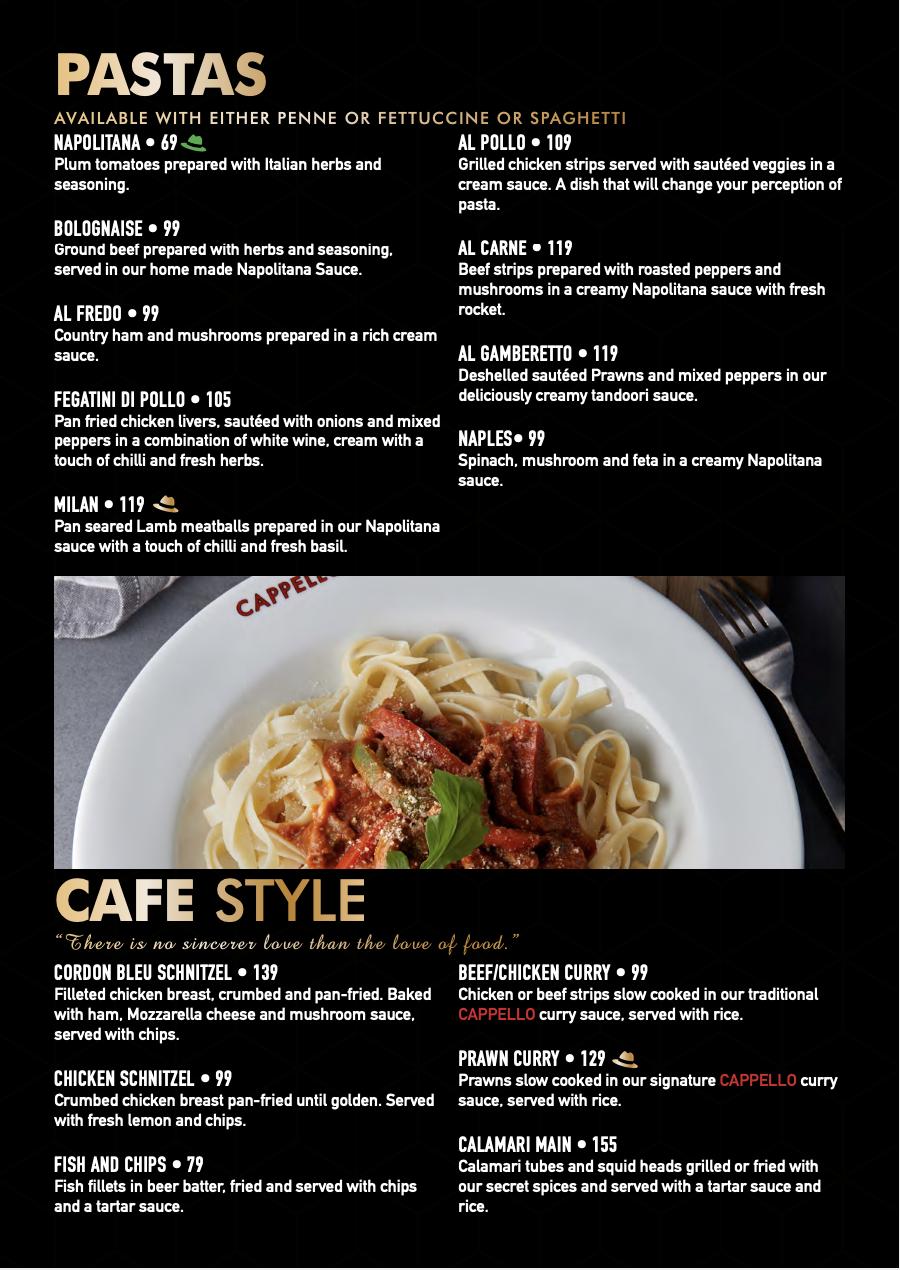 Menu at Cappello Newtown Junction restaurant, Johannesburg